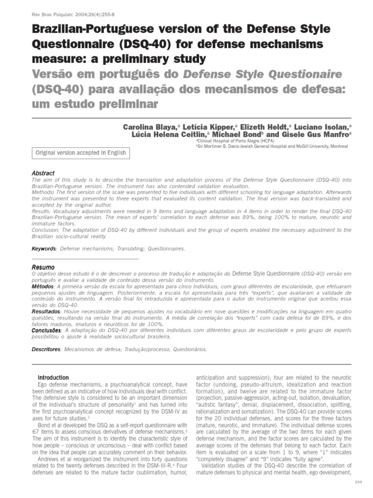 Translation and Validation of the Defense Style Questionnaire into ...