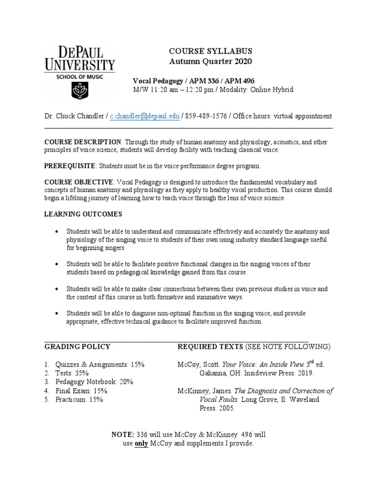 DePaul Vocal Pedagogy Syllabus | PDF | Vocal Pedagogy | Singing DePaul Vocal Pedagogy Syllabus | PDF | Vocal Pedagogy | Singing