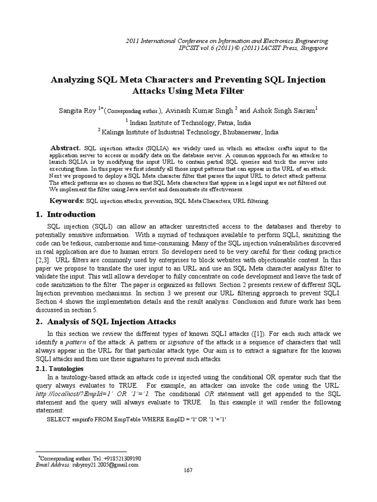Analyzing SQL Meta Characters and Preven PDF | PDF | Databases | Sql