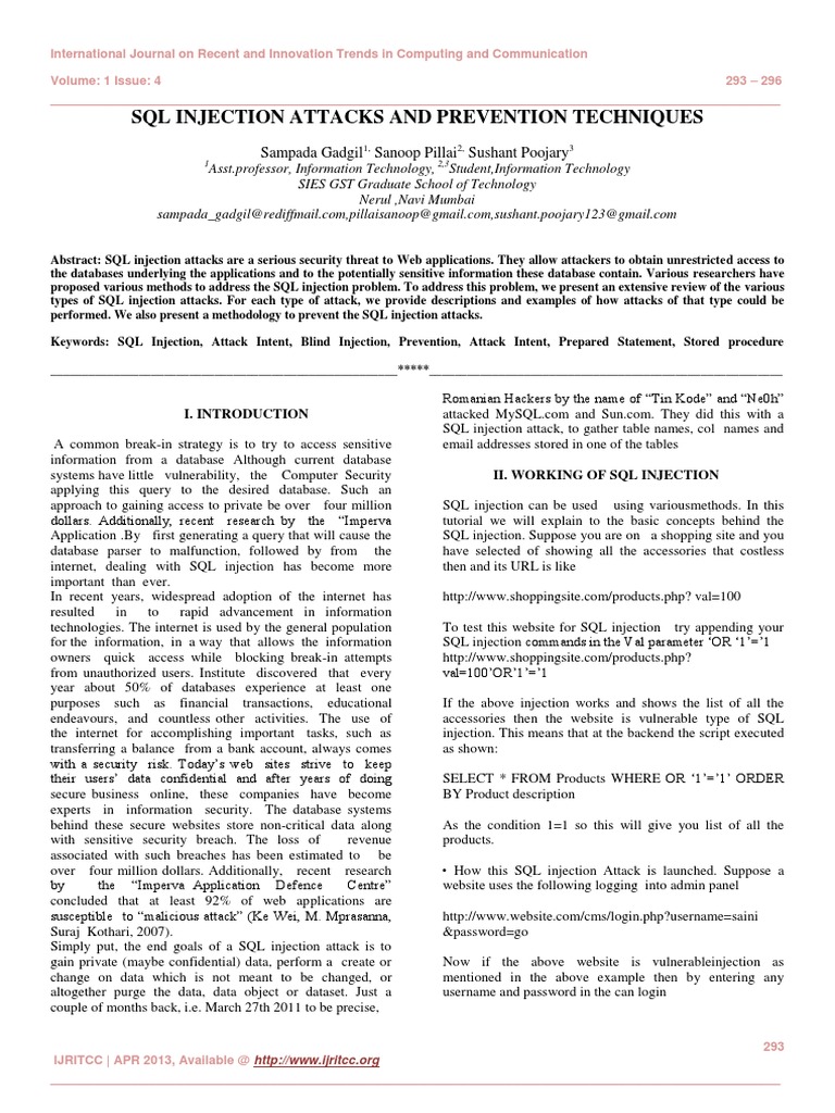 SQL Injection Attacks and Prevention Tec PDF | PDF | Sql | Databases