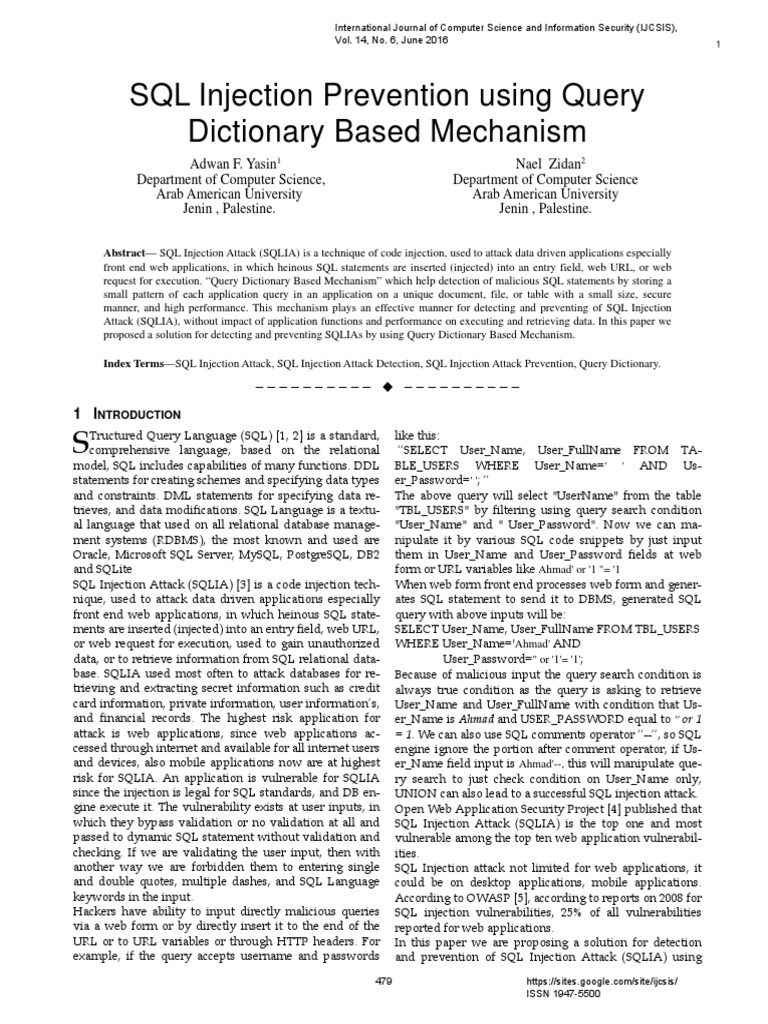 Detecting and Preventing SQL Injection Attacks Using Query Dictionary Mechanism | PDF ...
