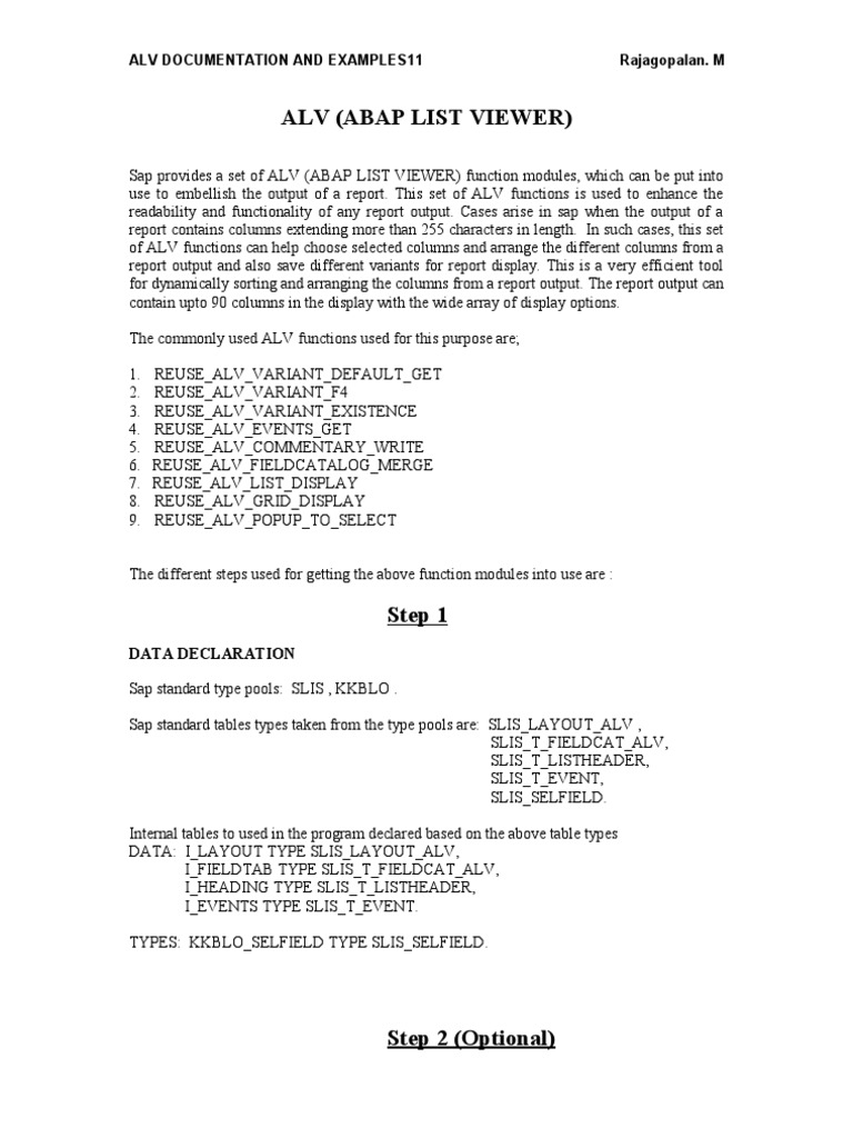 Alv Abap List Viewer Alv Documentation And Examples11 Rajagopalan M Pdf Parameter 7921