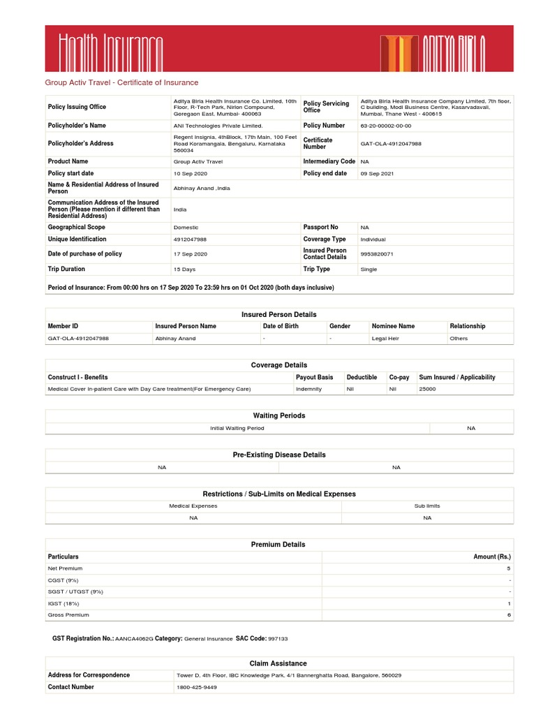 Group Activ Travel - Certificate of Insurance: Insured Person Details ...