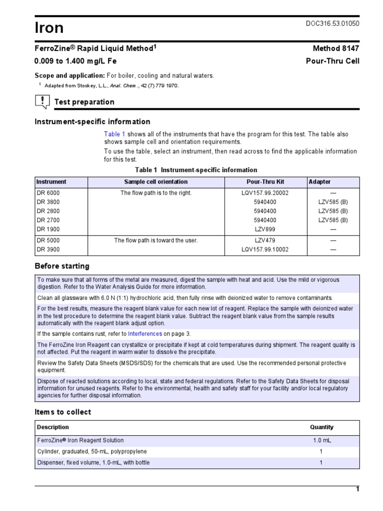 Ferrozine Rapid Liquid Method Method 8147 0.009 To 1.400 MG/L Fe Pour ...