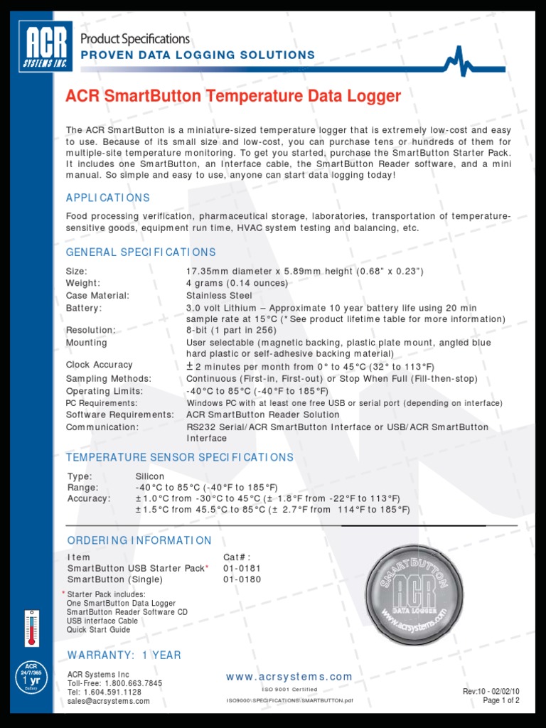 Acr Smartbutton Temperature Data Logger: Product Specifications | PDF | Specification (Technical ...