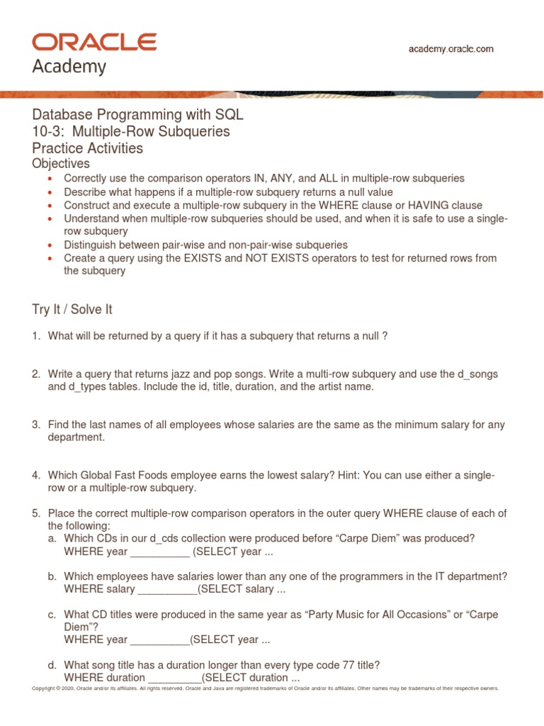 Database Programming With Sql 10 3 Multiple Row Subqueries Practice Activities Pdf Computer