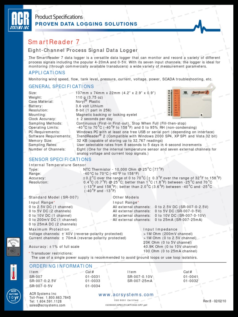 Smartreader 7: Product Specifications | PDF | Sensor | Microsoft Windows