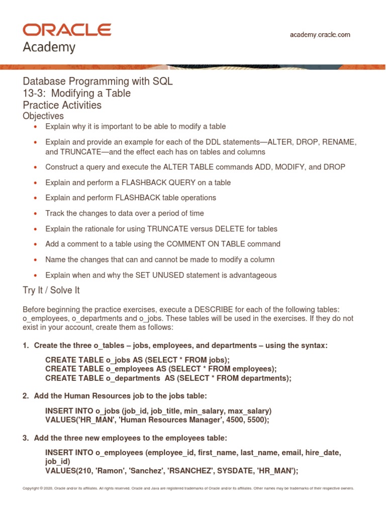 Database Programming With Sql 13 3 Modifying A Table Practice Activities Pdf Information