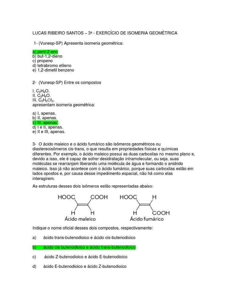 Lucas Ribeiro Santos - 3A - Atividade Isomeria Geométrica PDF | PDF