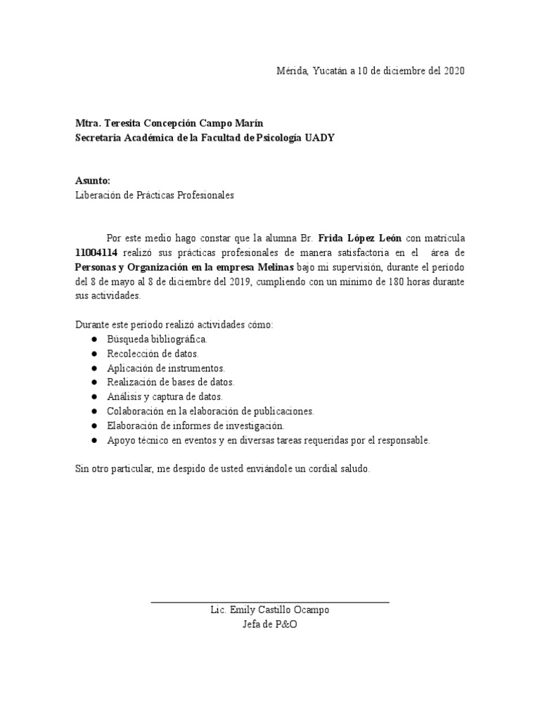 Carta de Prácticas Profesionales Liberacion | PDF