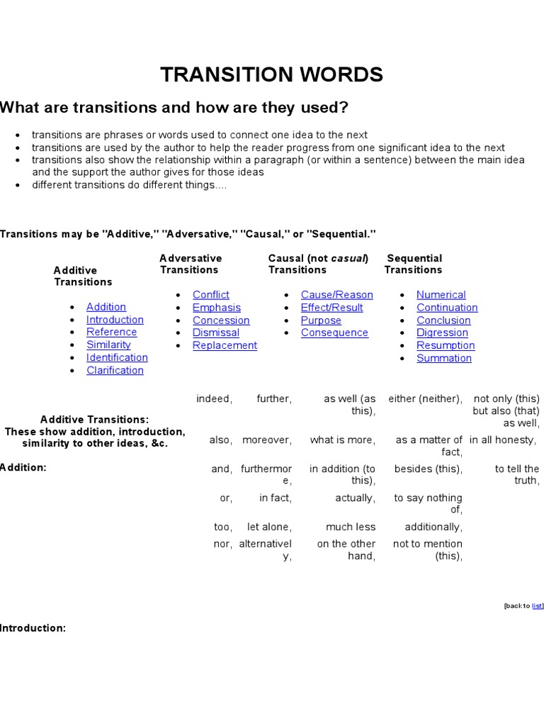 Transition Words: What Are Transitions and How Are They Used? | PDF ...