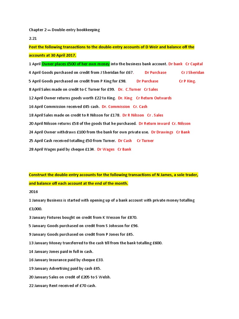 Double-Entry Bookkeeping Exercises | PDF | Finance & Money Management ...
