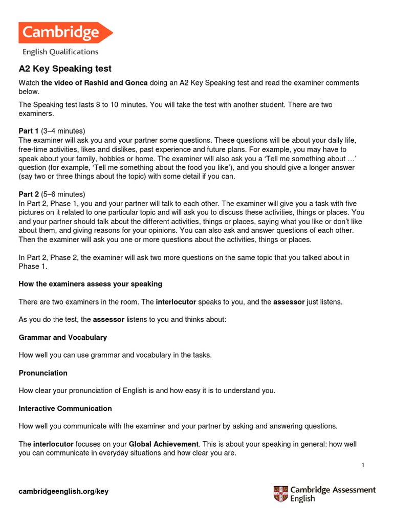 A2 Key Speaking Test Guide | PDF | Question | Vocabulary