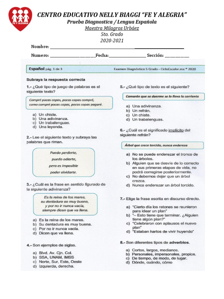 Prueba Diagnóstica de Lengua 5to Grado | PDF | Crecimiento personal y ...
