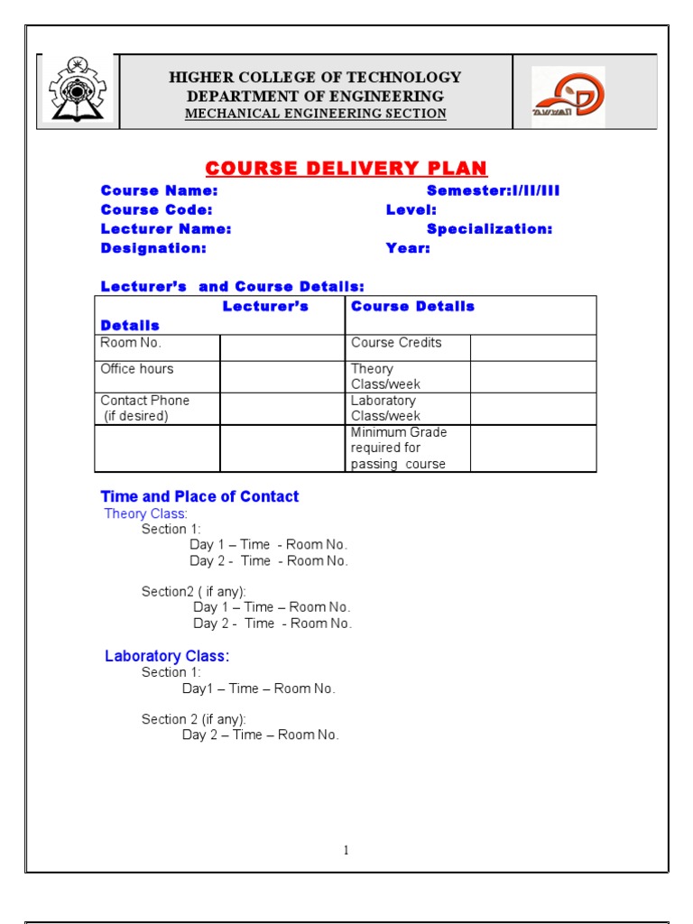 Course Delivery Plan: Higher College Of Technology Department Of ...
