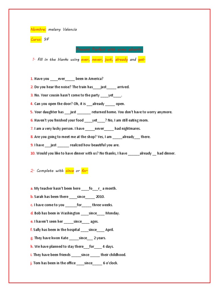 Present Perfect Adverbs Exercise | PDF