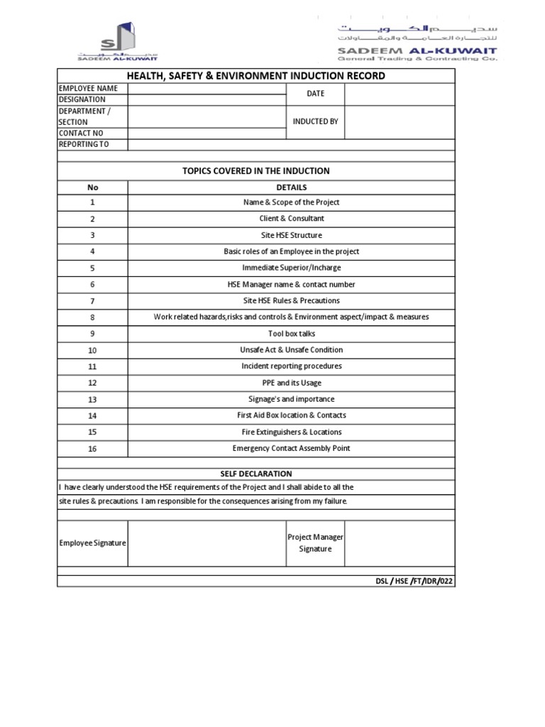 Health, Safety & Environment Induction Record: Topics Covered in The Induction | PDF