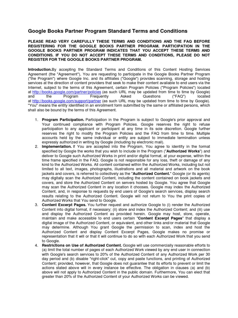 Google Books Partner Program Standard Terms and Conditions | PDF ...