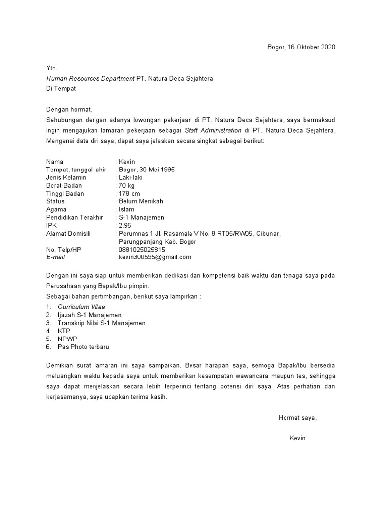 Surat Lamaran Admin Drop Point | PDF