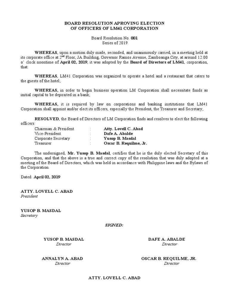 Board Resolution LM41 Corporation Election of Officers | PDF