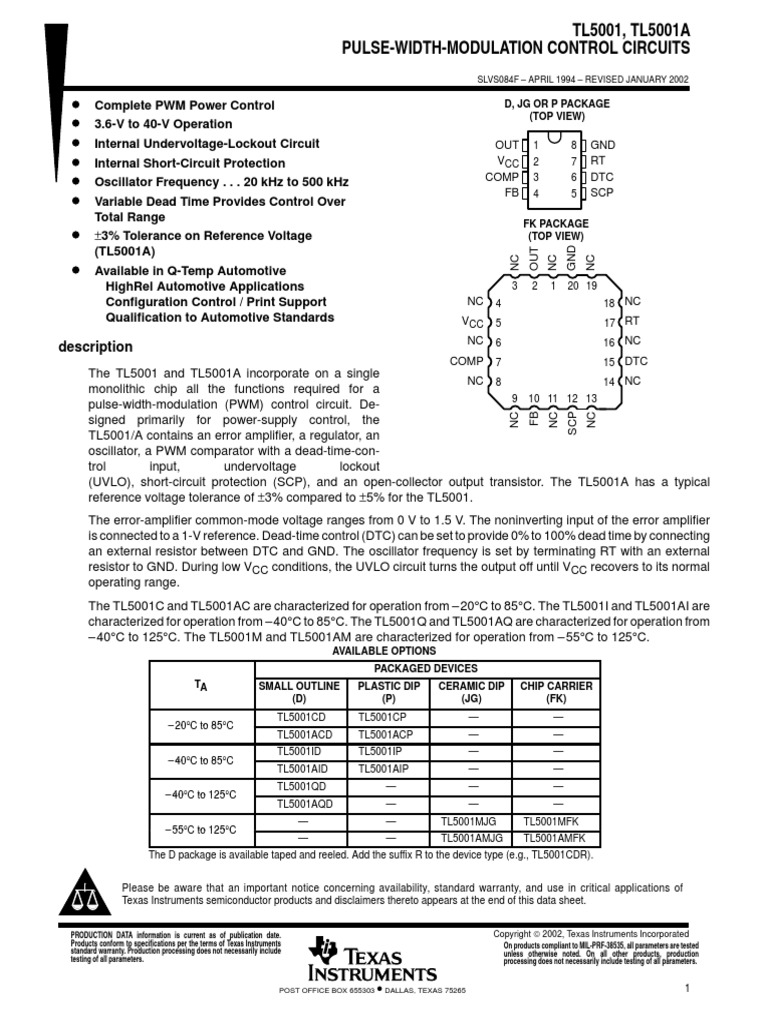 D D D D D D D D: TL5001, TL5001A Pulse-Width-Modulation Control ...