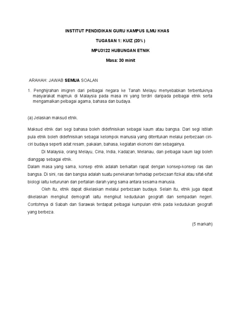 Contoh Kuiz Hubungan Etnik | PDF
