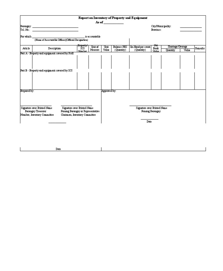 Barangay Report On Inventory of Property and Equipment | PDF