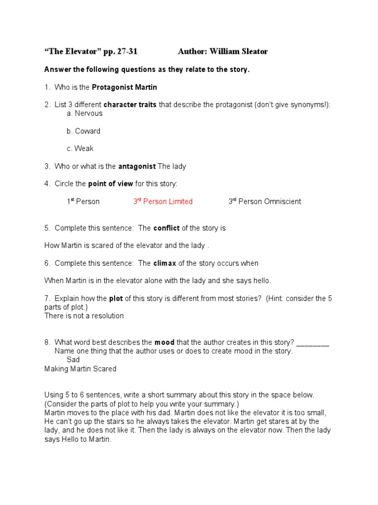 "The Elevator" Pp. 27-31 Author: William Sleator: Answer The Following ...