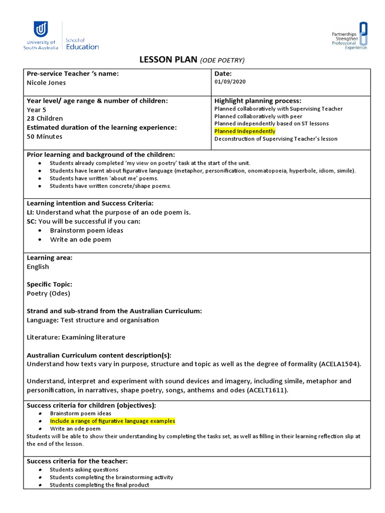 Year 5 Ode Poetry Lesson Plan | PDF | Poetry | Brainstorming