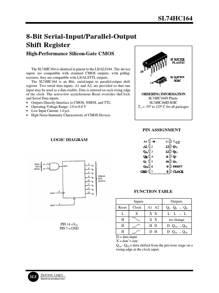 8-Bit Serial-Input/Parallel-Output Shift Register: SL74HC164 | PDF | Cmos | Logic Gate