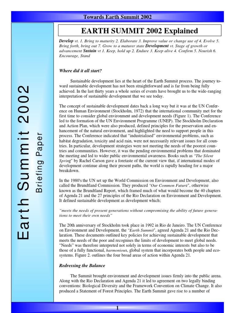 Earth Summit 2002 Johanesburg | PDF | Sustainability | Sustainable ...