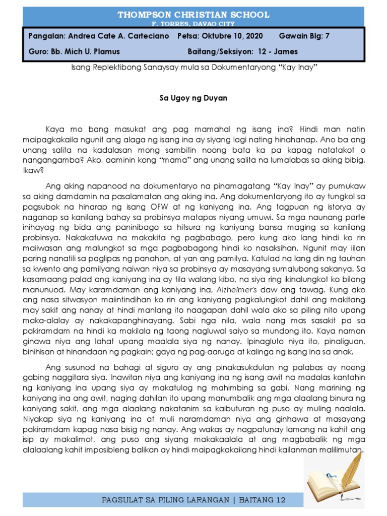 Replektibong Sanaysay (Awit Kay Inay) | PDF