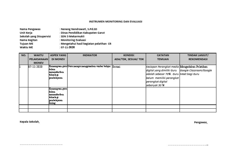 Format Instrumen Monev | PDF