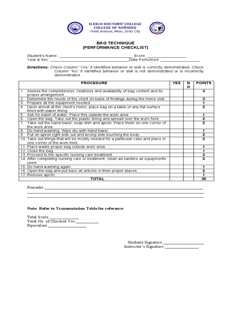 Bag Technique (Performance Checklist) | PDF | Hand Washing | Medicine