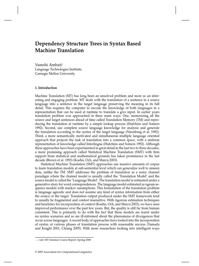 Dependency Structure Trees in Syntax Based Machine Translation | Download Free PDF | Parsing ...