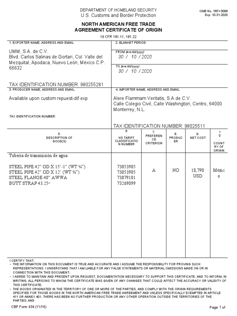North American Free Trade Agreement Certificate of Origin: Department ...