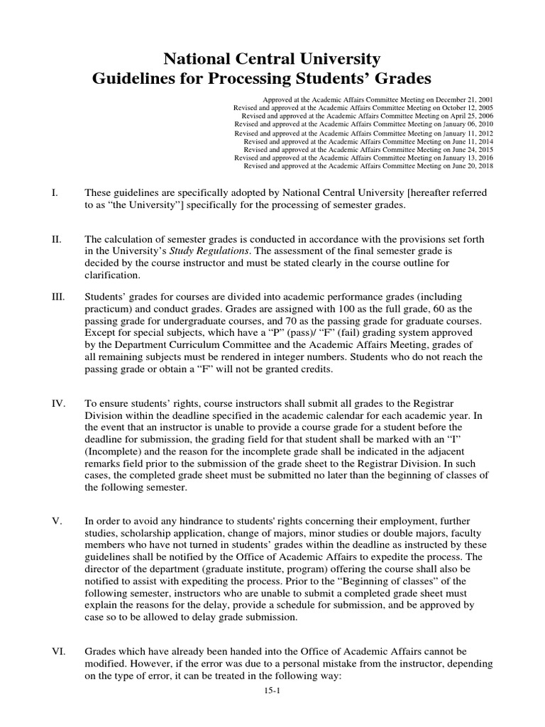 National Central University Guidelines For Processing Students' Grades ...