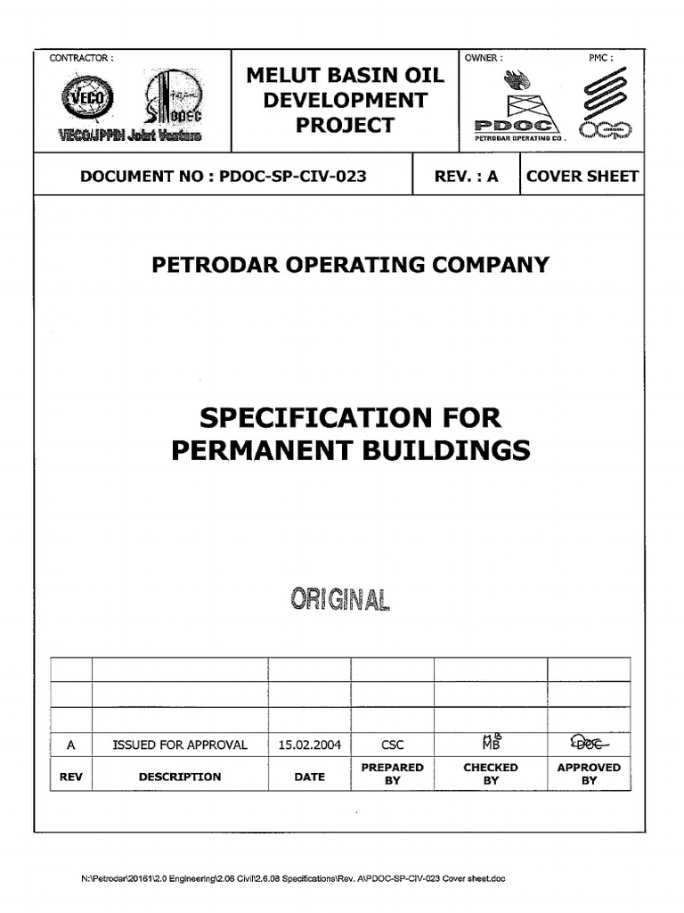 PDOC-SP-CIV-023 Rev.A-Spec. For Permanent Building | PDF