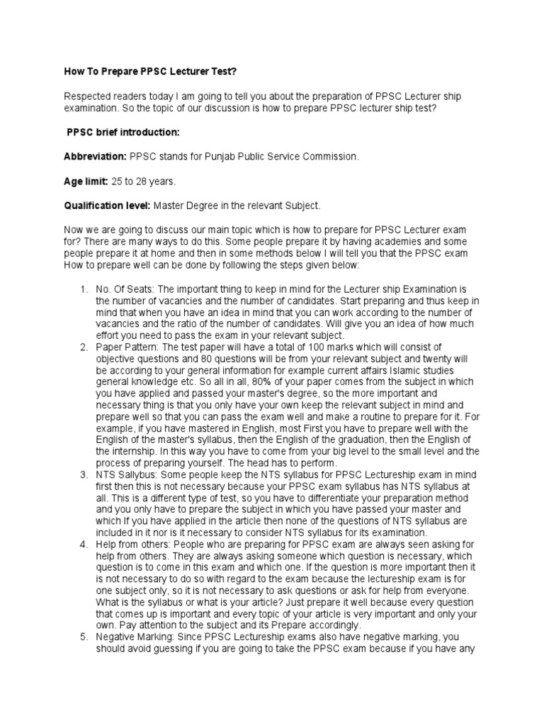 How To Prepare PPSC Lecturer Test | Download Free PDF | Question | Test ...