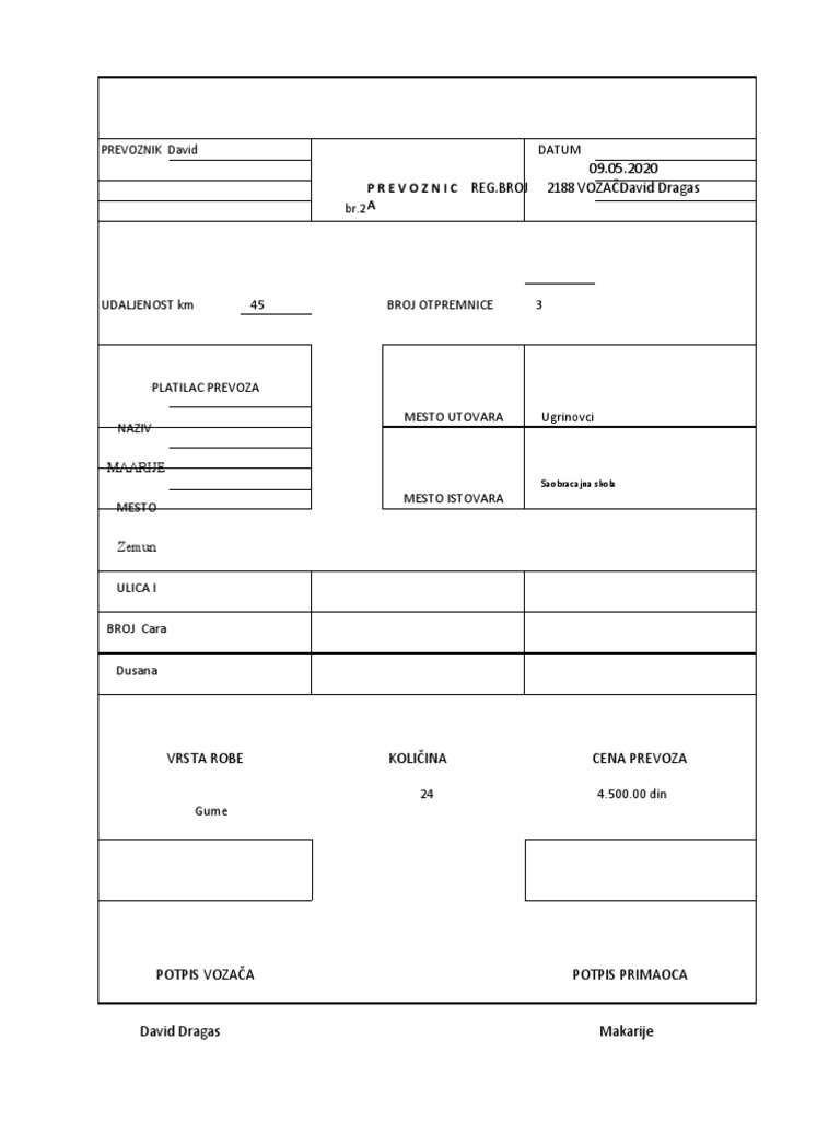 Prevoznica Domaci David Dragas | PDF