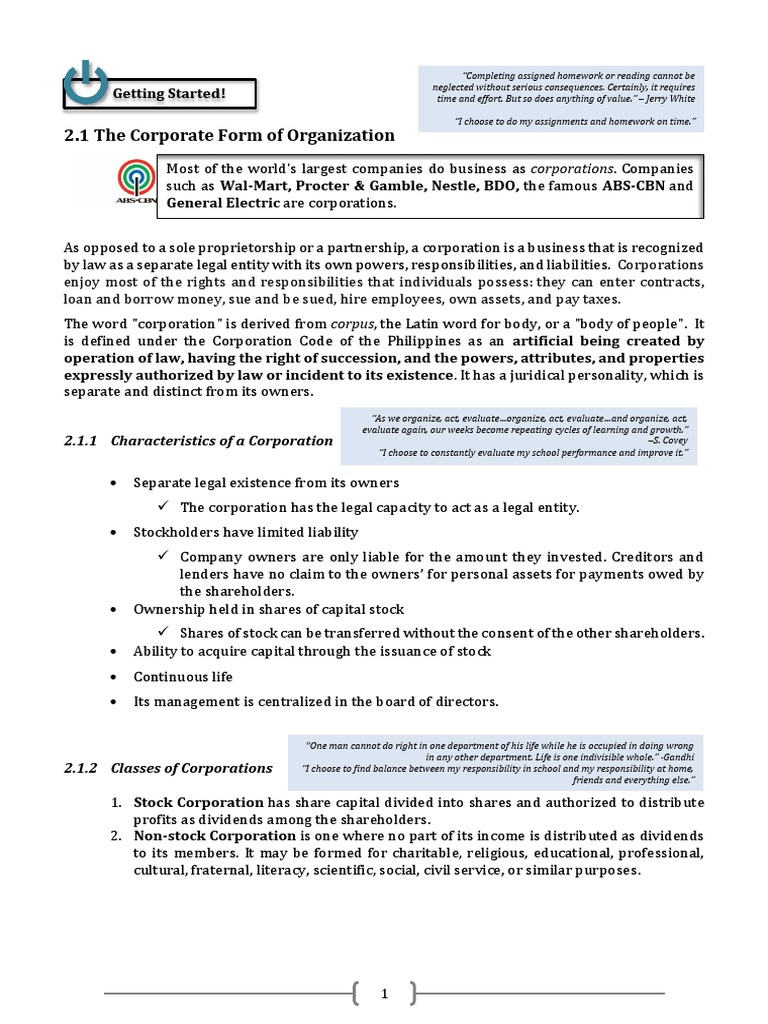 2.1. The Corporate Form of Organization | PDF | Corporations | Stocks