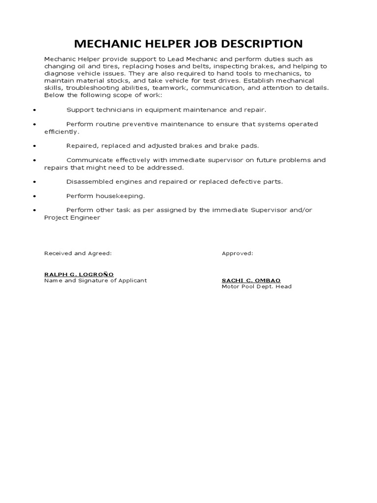 Helper Mechanic Job Description | PDF