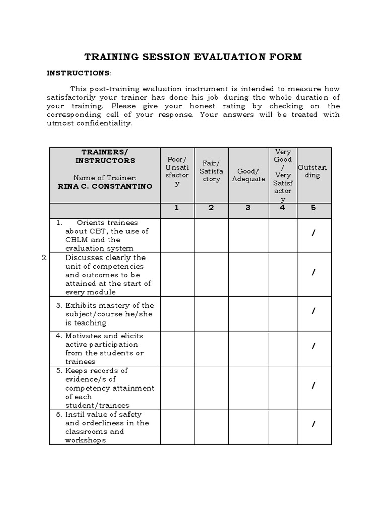 TRAINING SESSION EVALUATION FORM - RinaConstantino | PDF | Competence (Human Resources ...
