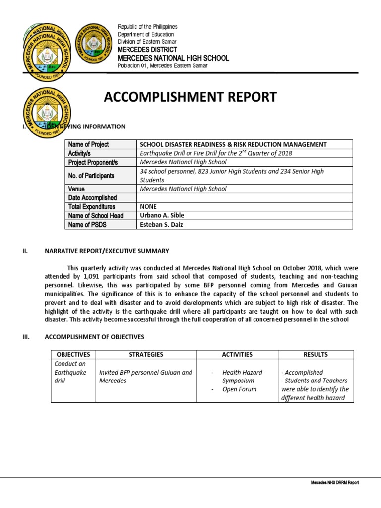 Accomplishment Report: Mercedes National High School | PDF | Teachers ...