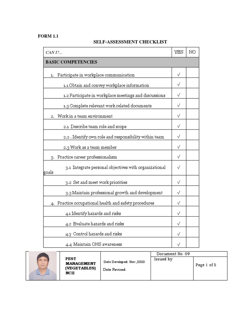 FORM 1 Self Assessment Checklist | PDF | Prevention | Occupational ...