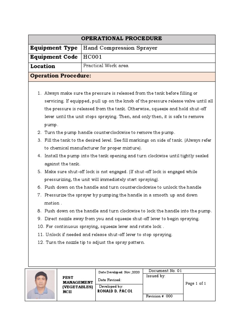 Operational Procedure Equipment Type Hand Compression Sprayer Equipment ...