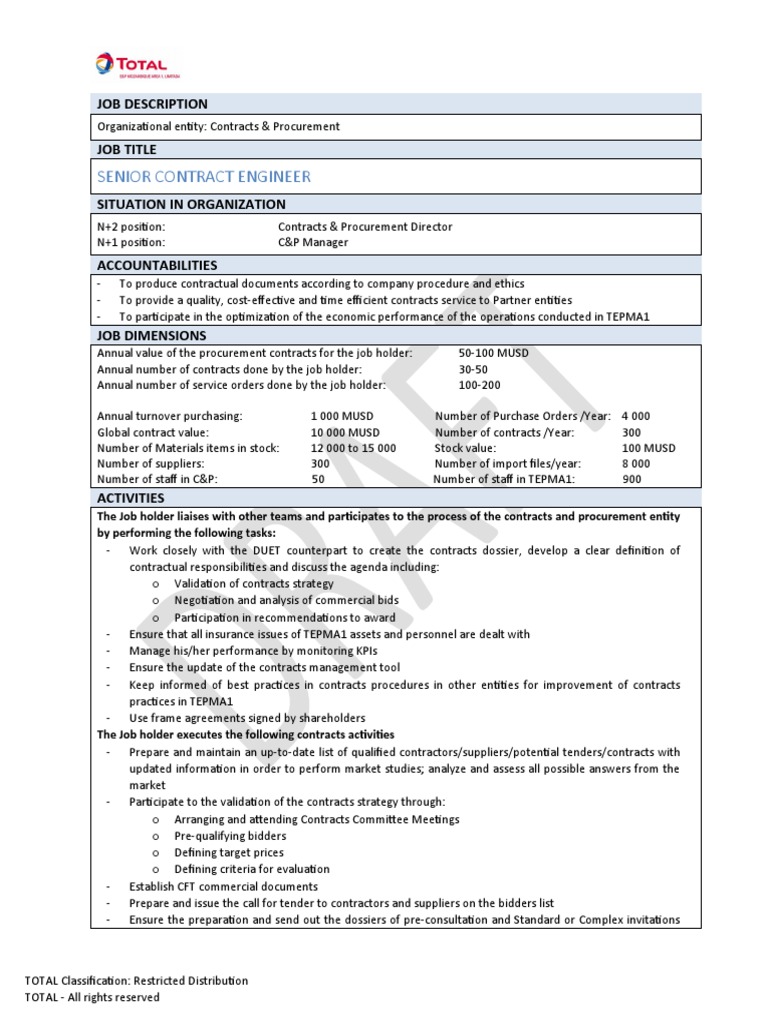 Senior Contract Engineer: Job Description Job Title | PDF | Liquefied ...