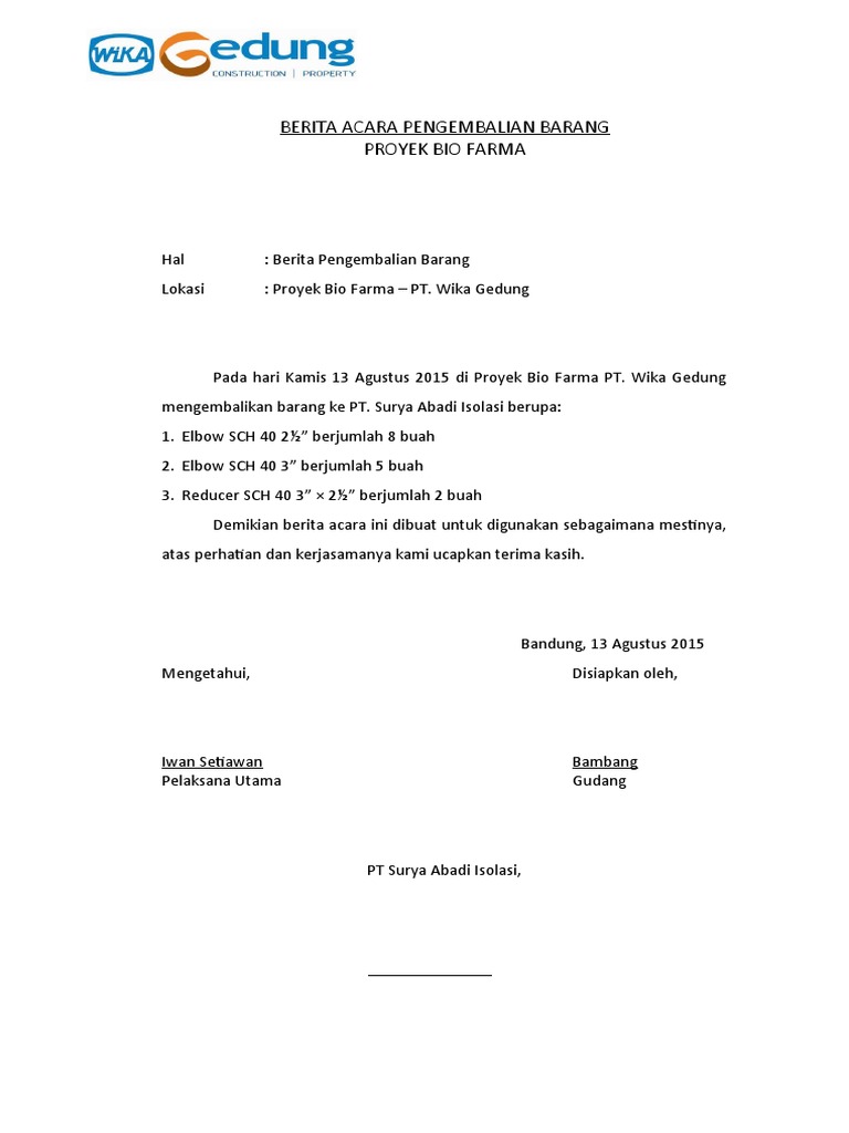 Berita Acara Retur Barang | PDF