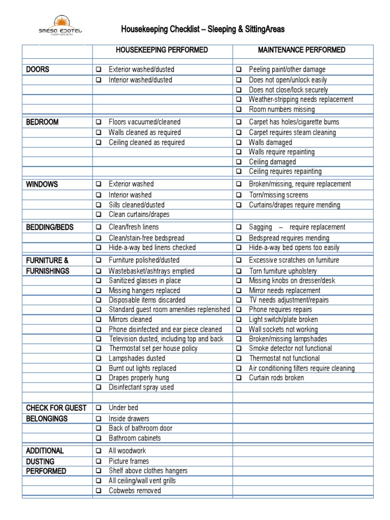 Housekeeping Checklist for Rooms | PDF | Housekeeping | Curtain