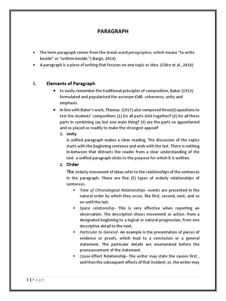 Paragraph: I. Elements of Paragraph | PDF | Paragraph | Sentence ...
